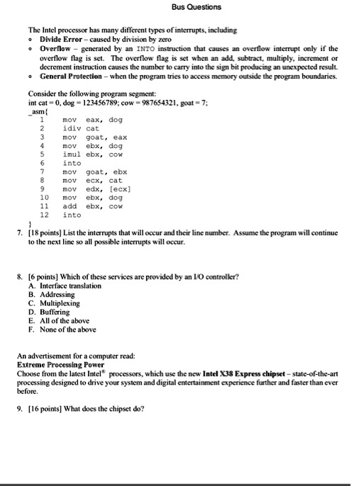 Solved Bus Questions The Intel Processor Has Many Different Types Of Interrupts Including 