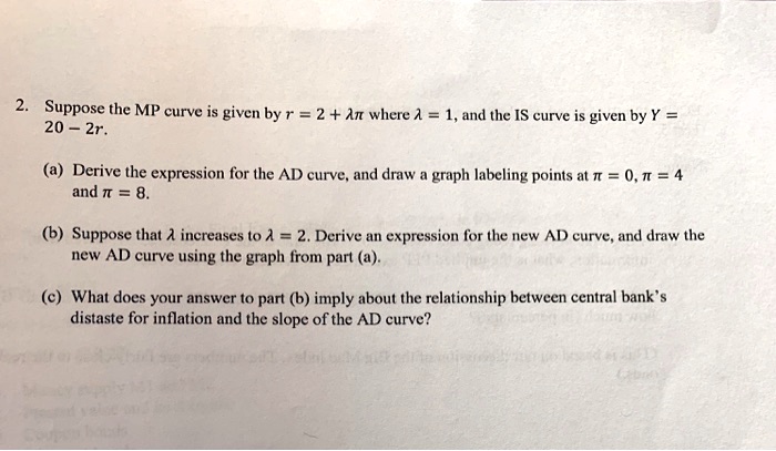 2. Suppose the MP curve is given by r = 2 + ?? where ? = 1, and the IS curve is given by Y = 20 ...