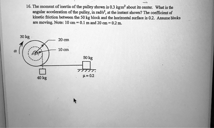 16. The moment of inertia of the pulley shown is 0.3 kgm^2 about its ...