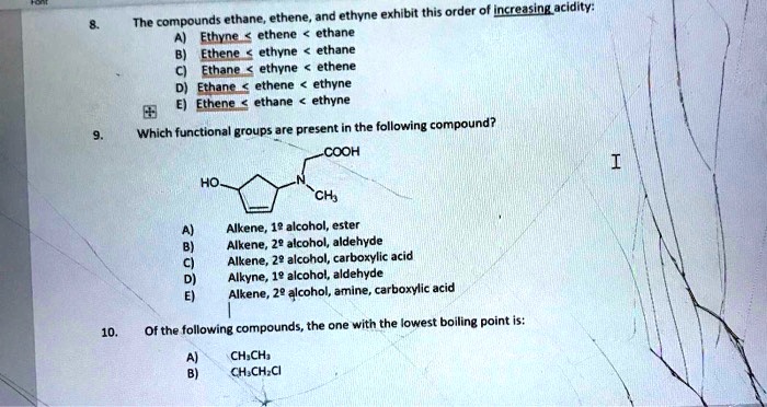 Ethene and ethyne exhibit this order of increasing acidity: The ...