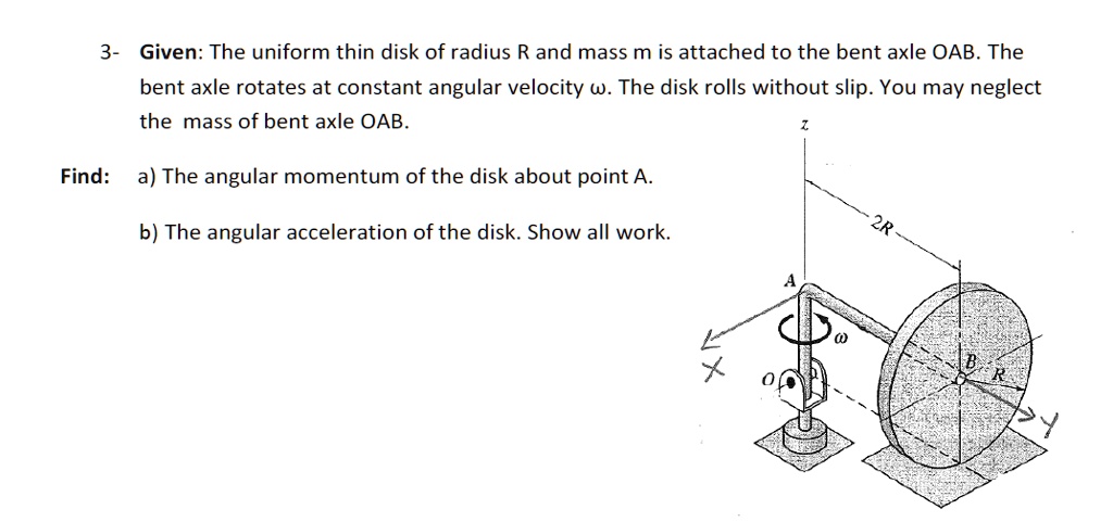 SOLVED: Given: The uniform thin disk of radius R and mass m is attached to the bent axle OAB ...