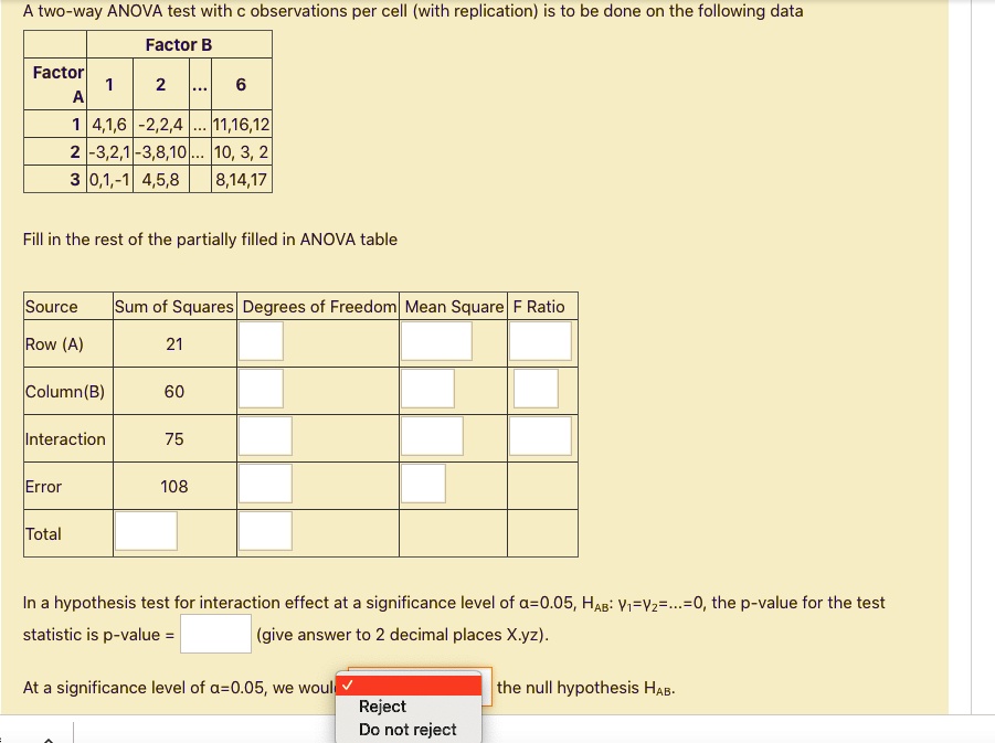 SOLVED: Two-way ANOVA test with n=3 observations per cell (with ...