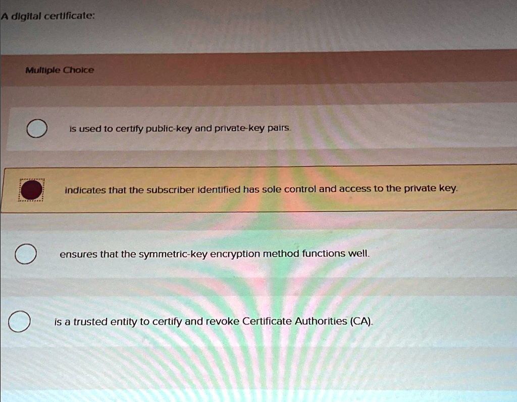 SOLVED: A digital certificate: Multiple Choice is used to certify public-key and private-key ...