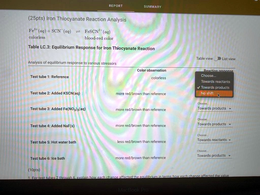 (25pts) Iron Thiocyanate Reaction Analysis Fe^3+ (aq) + SCN^- (aq) ⇌ ...