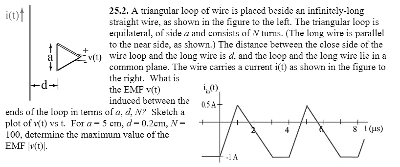 i(t)? a -d? + 25.2. A triangular loop of wire is placed beside an ...