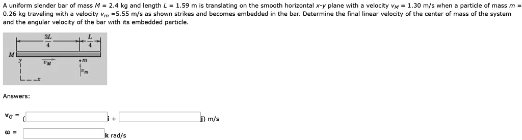 a uniform slender bar of mass m 24 kg and length l 159 m is translating ...