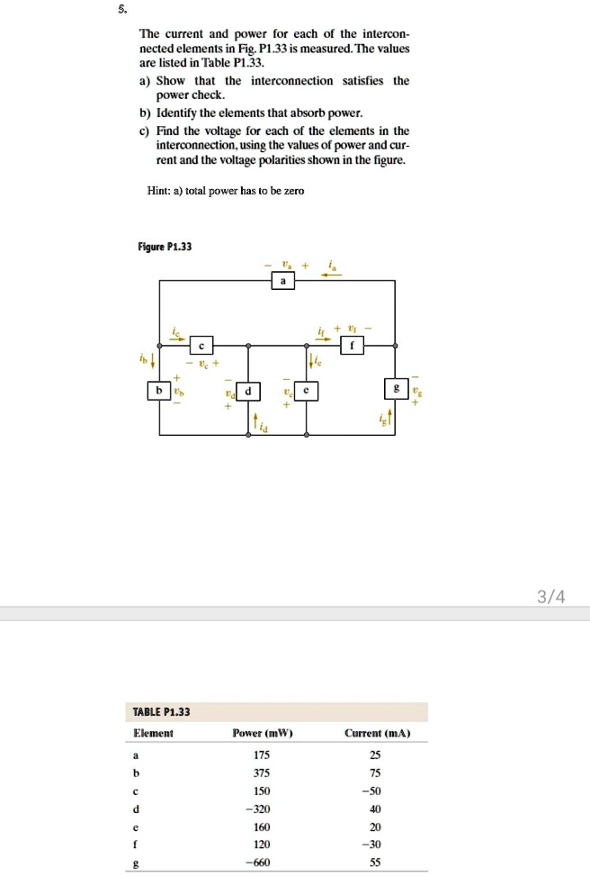 SOLVED: 5. The current and power for each of the interconnected elements in Fig. P1.33 is ...
