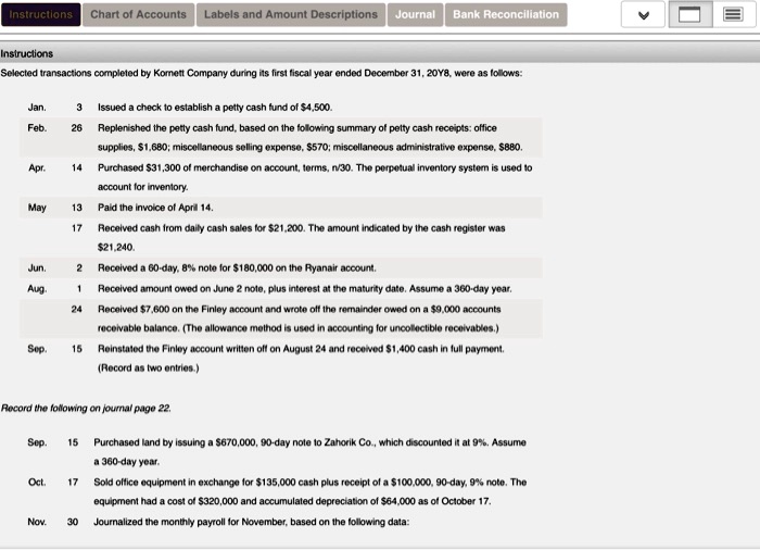 instructions chart of accounts labels and amount descriptions journal bank reconciliation ...