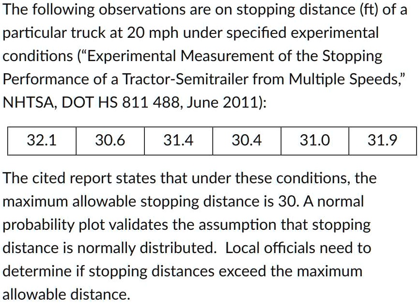 SOLVED: The following observations are on stopping distance (ft) of a ...