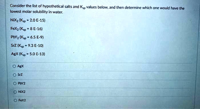 SOLVED: Consider the list of hypothetical salts and Ksp values below ...