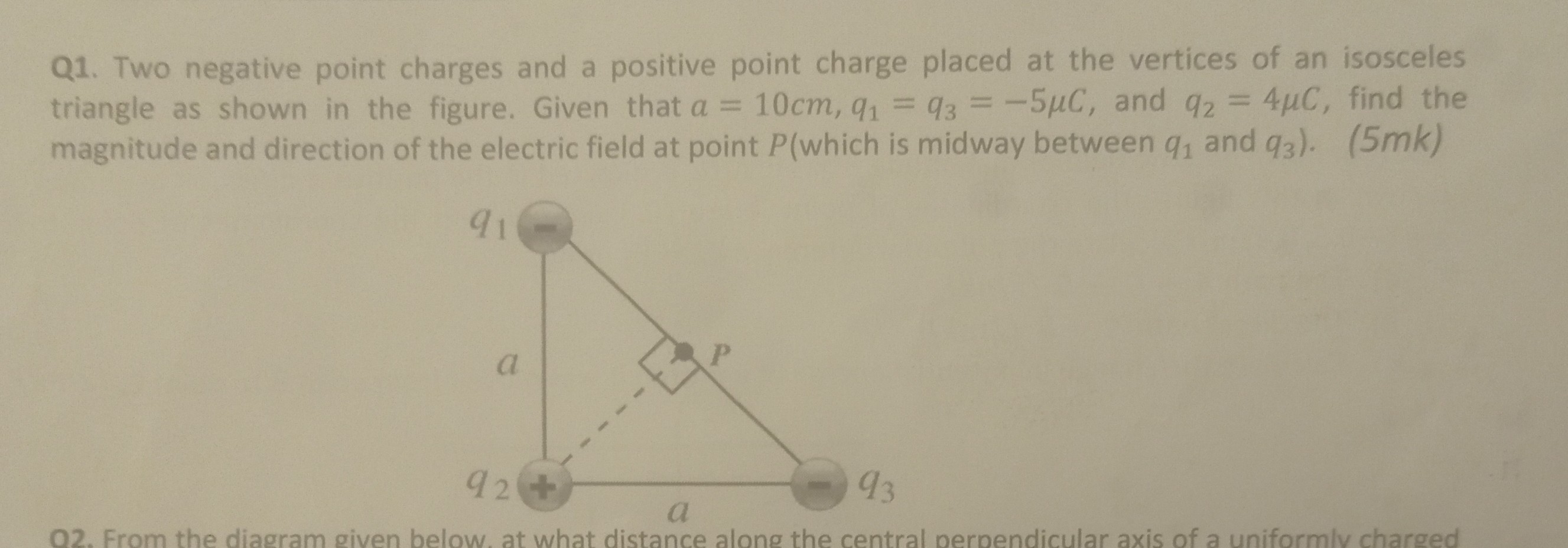 Q1. Two negative point charges and a positive point charge placed at the vertices of an ...