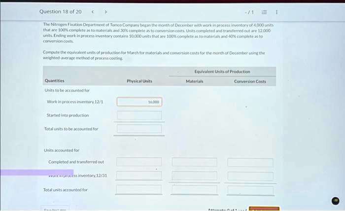 Question 18 of 20 -/1 The Nitrogen Fixation Department of Tomco Company ...