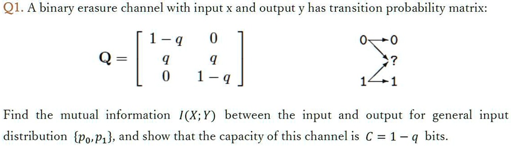 q1 a binary erasure channel with input x and output y has transition probability matrix 1 q 0 q ...