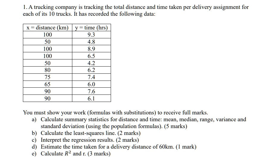 a trucking company is tracking the total distance and time taken per ...