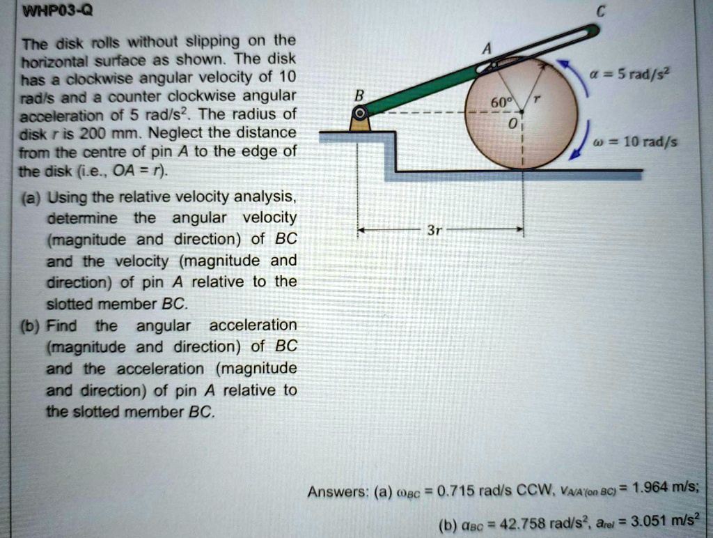 SOLVED: WHP03-Q The disk rolls without slipping on the horizontal surface as shown. The disk has ...
