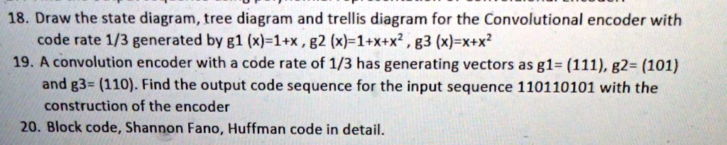 SOLVED: 18. Draw the state diagram, tree diagram, and trellis diagram for the Convolutional ...