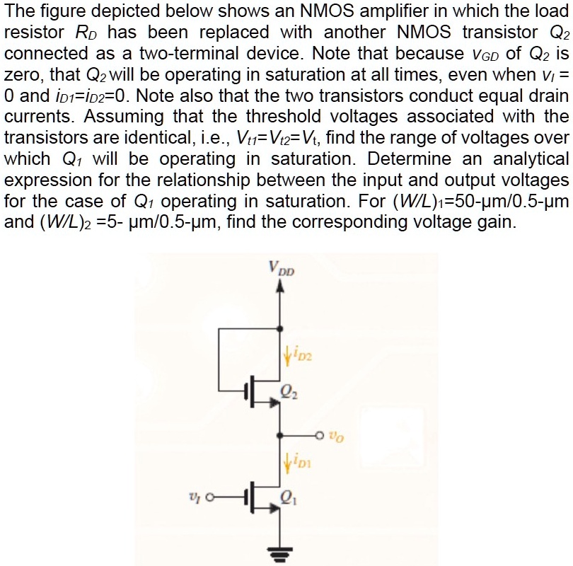 SOLVED: The figure depicted below shows an NMOS amplifier in which the load connected as a two ...