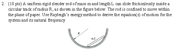 SOLVED: A uniform rigid slender rod of mass m and length L can slide frictionlessly inside a ...