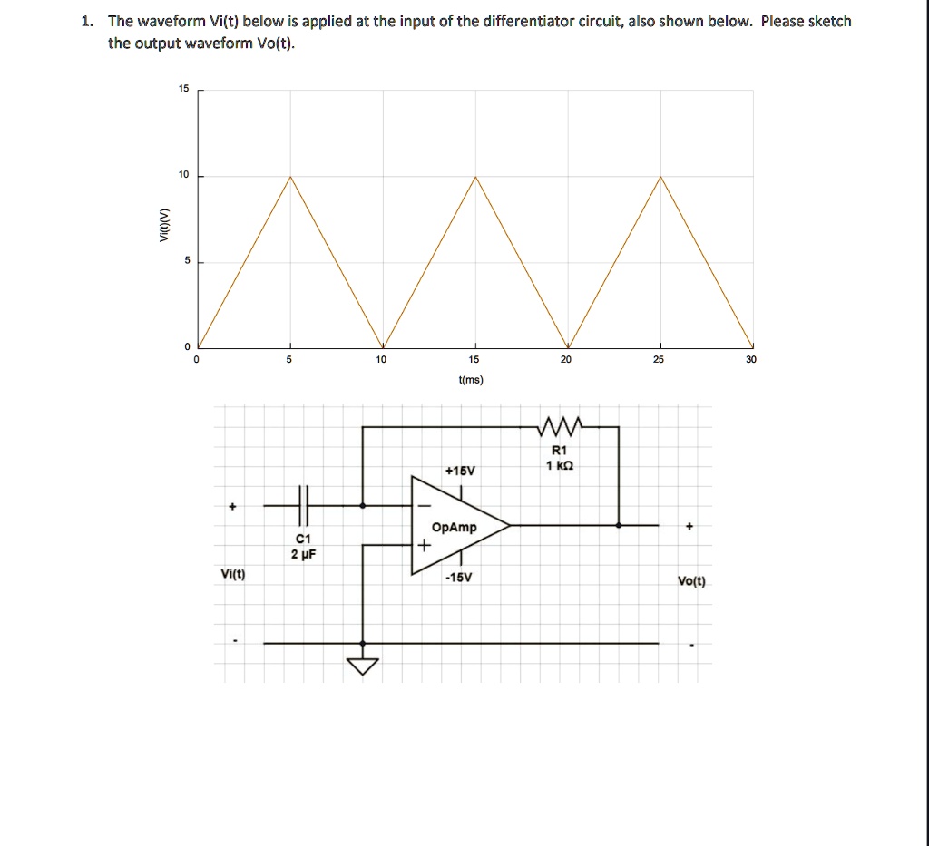 1. The waveform Vi(t) below is applied at the input of the differentiator circuit, also shown ...