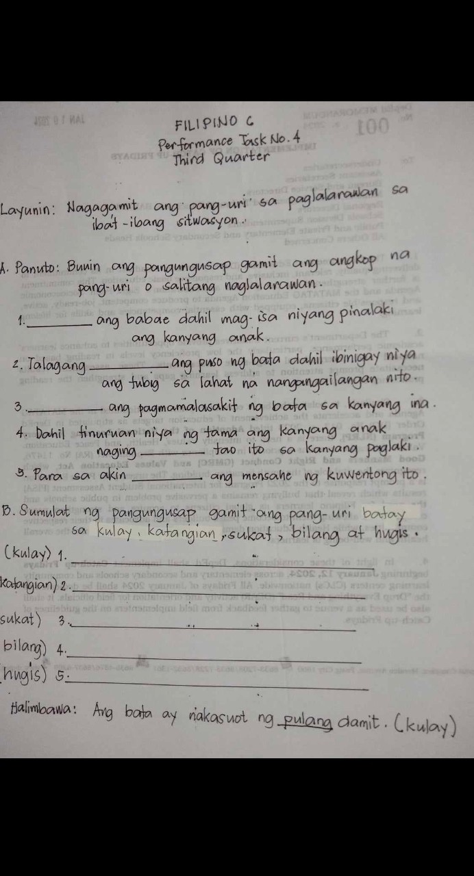 FILIPINO 6 Performance Task No. 4 Thind Quarter Layunin: Nagagamit ang ...