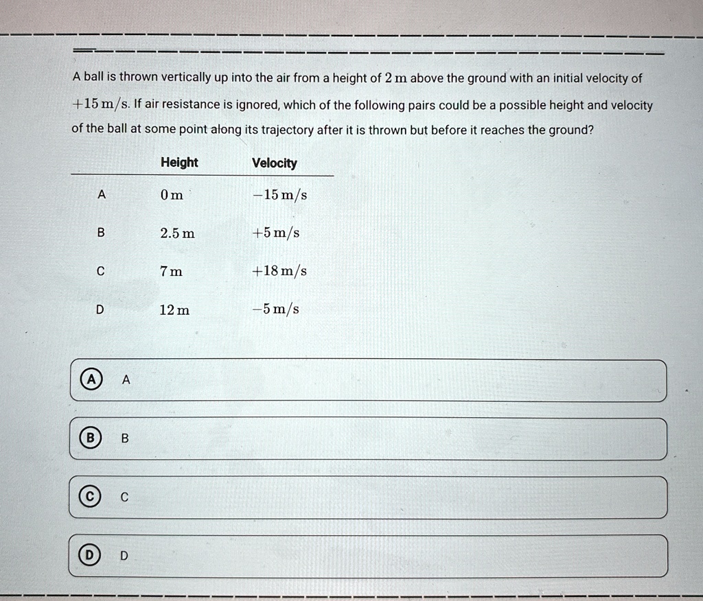 A ball is thrown vertically up into the air from a height of 2 m above ...