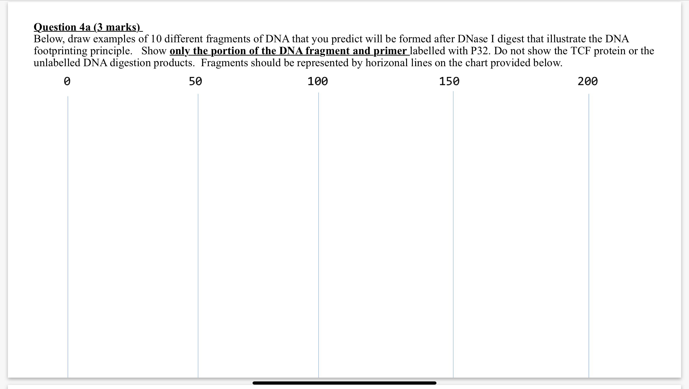 Question 4a ( (3 marks ) Below, draw examples of 10 different fragments of DNA that you predict ...