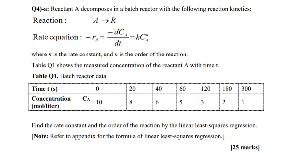 SOLVED: Q4)-a: Reactant A decomposes in a batch reactor with the following reaction kinetics ...