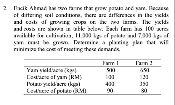 Encik Ahmad has two farms that grow potatoes and yams. Because of ...