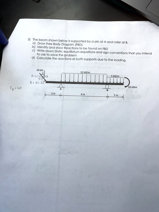 3) The beam shown below is supported by a pin at A and roller at B. a) Draw Free Body Diagram ...