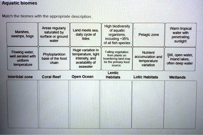 SOLVED: Aquatic biomes Match the biomes with the appropriate ...