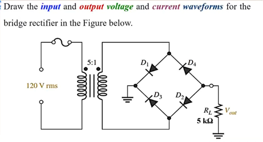 [GET ANSWER] Draw the input and output voltage and current waveforms for the bridge rectifier in ...