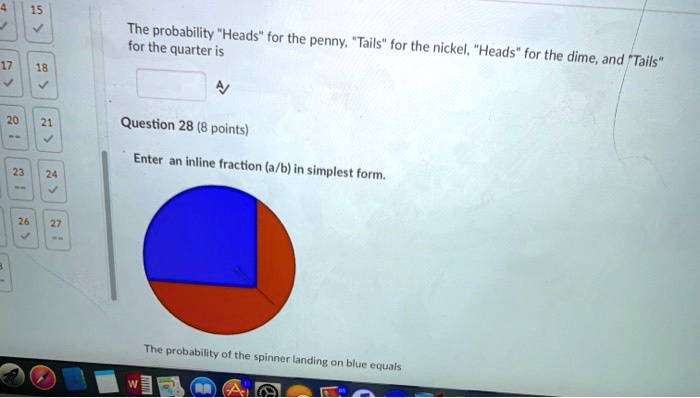Tbe probability heads for the penny tails for the quarter is...
