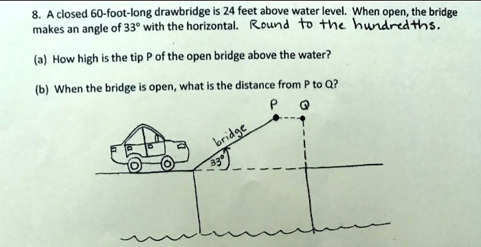 A closed 60-foot-long drawbridge is 24 feet above water level. When ...