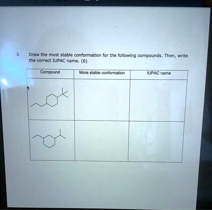 SOLVED: Draw the most stable conformation for the following compounds. Then, write the correct ...