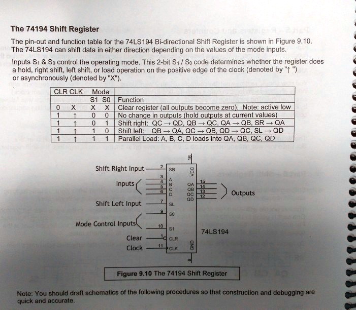 The 74194 Shift Register The pin-out and function table for the 74LS194 Bi-directional Shift ...