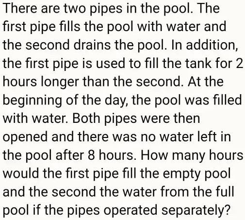 There are two pipes in the pool. The first pipe fills the pool with ...