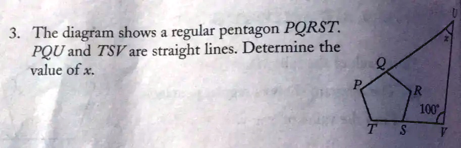3. The diagram shows a regular pentagon PQRST. PQU and TSV are straight ...
