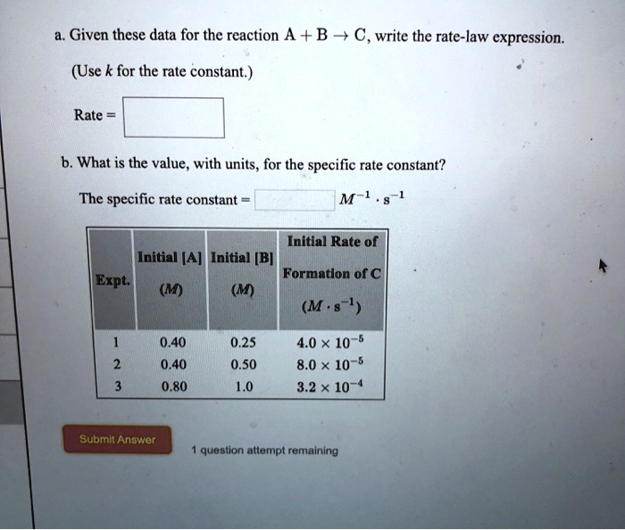SOLVED: Given these data for the reaction +B + C, write the rate-law expression. (Use k for the ...