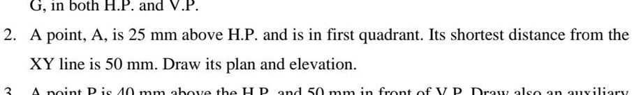 G, in both H.P. and V.P. 2. A point, A, is 25 mm above H.P. and is in ...