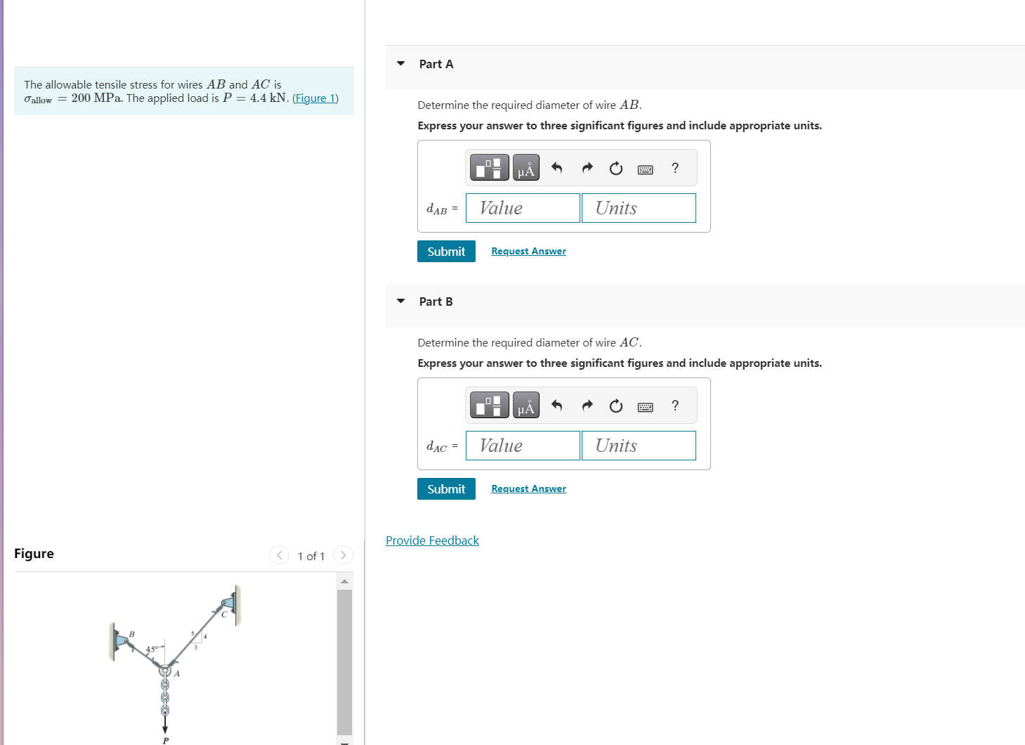 The allowable tensile stress for wires A B and A C is σallow =200 MPa ...