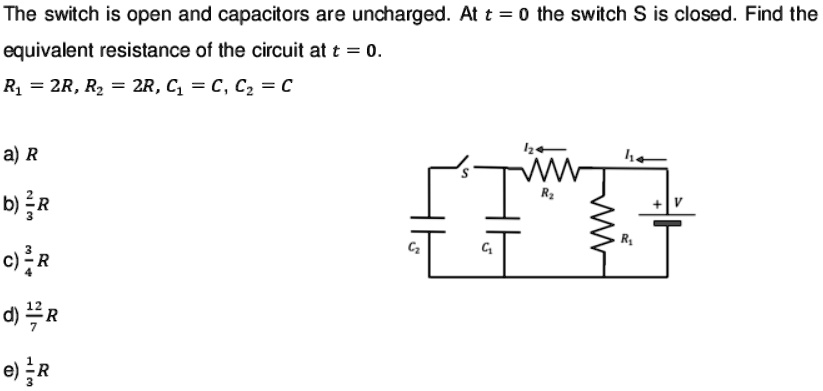 SOLVED: The switch is open and capacitors are uncharged. At t = o the switch S is closed. Find ...