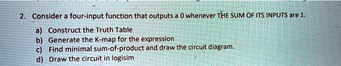 2. Consider a four-input function that outputs a 0 whenever THE SUM OF ITS INPUTS are 1. a ...