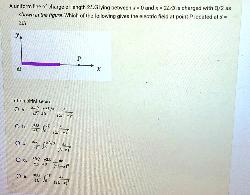 a uniform line of charge of length 2l3 lying between x0 and x2l3 is charged with q2 as shown in ...