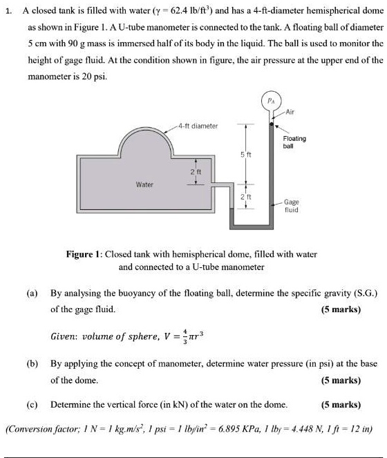 SOLVED: 1.A closed tank is filled with watery=62.4 lb/ftand has a 4-ft-diameter hemispherical ...