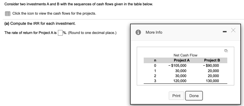 SOLVED: Consider two investments A and B with the sequences of cash ...