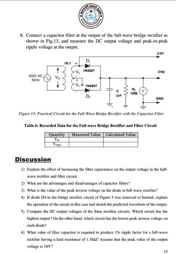 8 connect a capacitor filter at the output of the full wave...