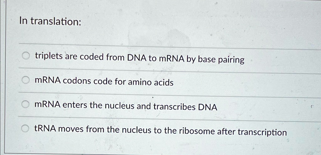 In translation: triplets are coded from DNA to mRNA by base pairing ...