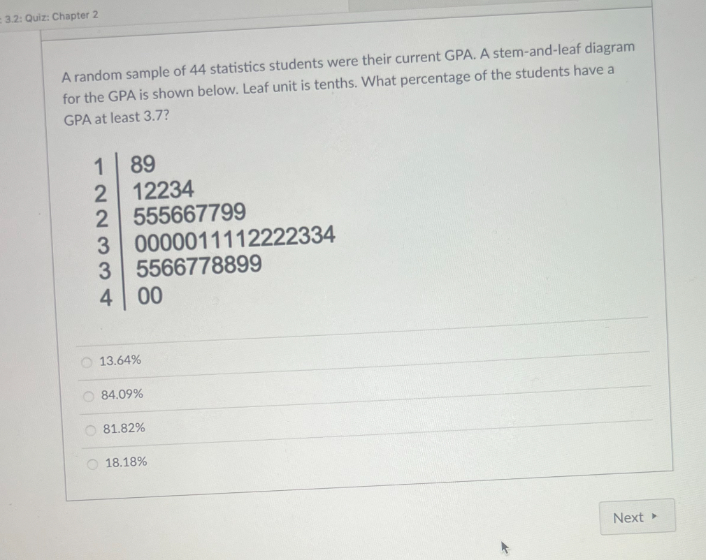 3.2: Quiz: Chapter 2 A random sample of 44 statistics students were ...