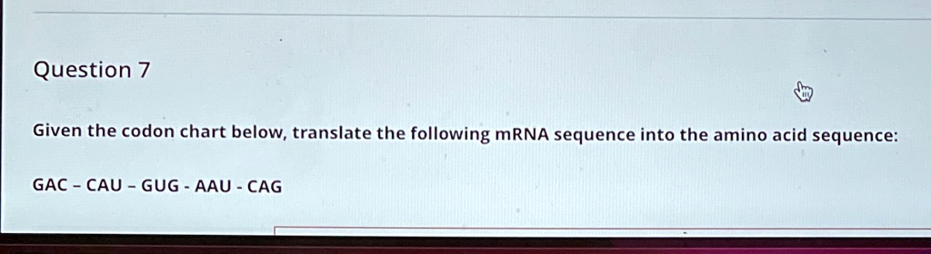 SOLVED: 'Question 7 Given the codon chart below, translate the following mRNA sequence into the ...