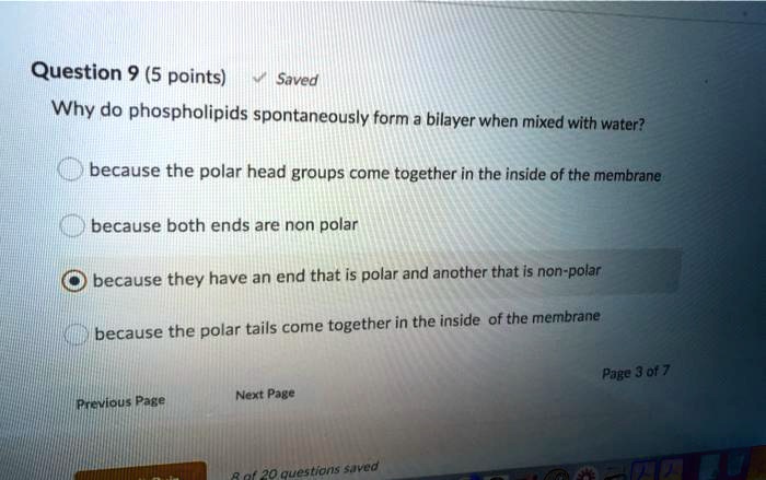 SOLVED: Question 9 (5 points) Saved: Why do phospholipids spontaneously ... SOLVED: Question 9 (5 points) Saved: Why do phospholipids spontaneously ...